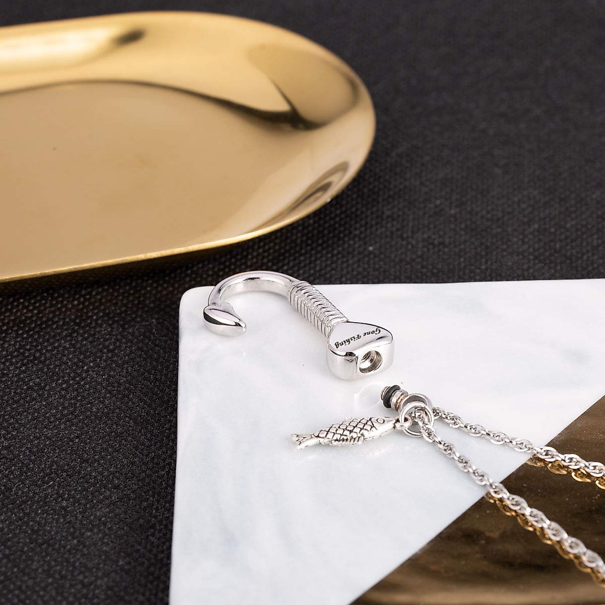 Gredstar Gone Fishing Urn Necklace for ashes Fish hook Cremation Urn Pendant Fishing in heaven Keepsake Jewelry (SILVER)