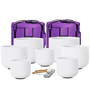 432HZ 8-14 Inch Set of 7 Pcs Frosted Quartz Crystal Singing Bowls With 2 Pcs Carrying Case bag