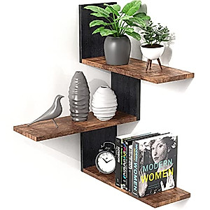 NiHome Floating Wall Shelves 3-Pack, Hanging Corner Shelves, Rustic Wood Book Shelves, Corner Bookshelf for Bedroom, Living Room, Bathroom, Wall Mounted Decor (Black & Brown)