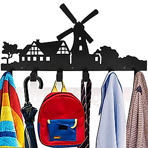 Kathy Keys Holder for Wall Metal Cabin Decor Coat Hooks Wall-Mounted Windmill Tree House Keys Hook Home Decorative Key Hanger Entryway Organizer 6 Hooks, Black