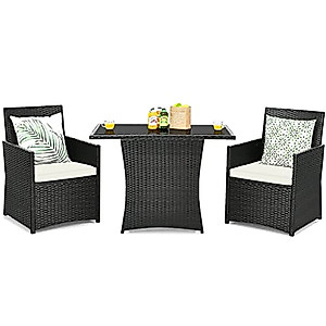 LUKEO 3PCS Patio Rattan Furniture Set Cushion Sofa Armrest Garden Deck White Easy to Assemble