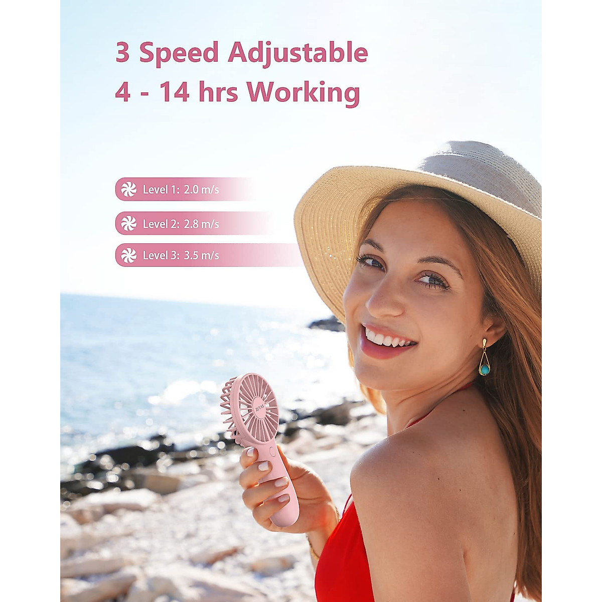 Zuvas Mini Handheld Fan 2600mAh Battery Operated Rechargeable Fan 3 Speed USB Powered Electric Fan Powerful Personal Fan Small Portable Travel Fan for Outdoor Indoor Makeup Eyelash with Lanyard, Pink