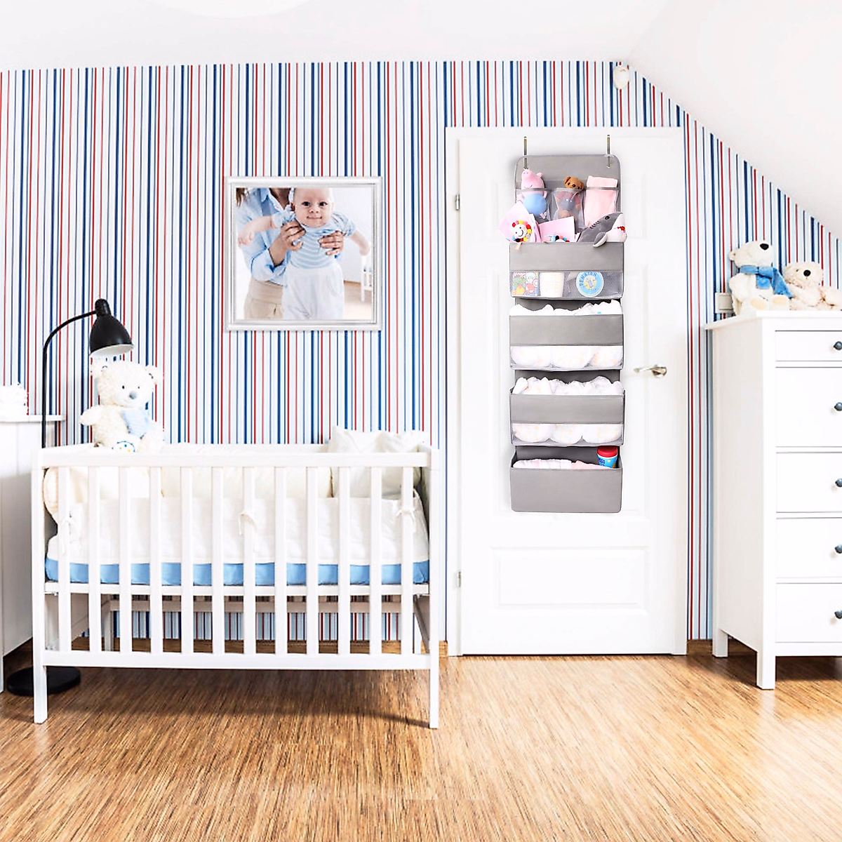 Jay-Chi Over Door Hanging Organizer Storage - 7 Large Pockets Closet Bathroom Baby Nursery Organizer Perspective Window Wall Mount Rack for Clothes Toys Sundries(Grey)