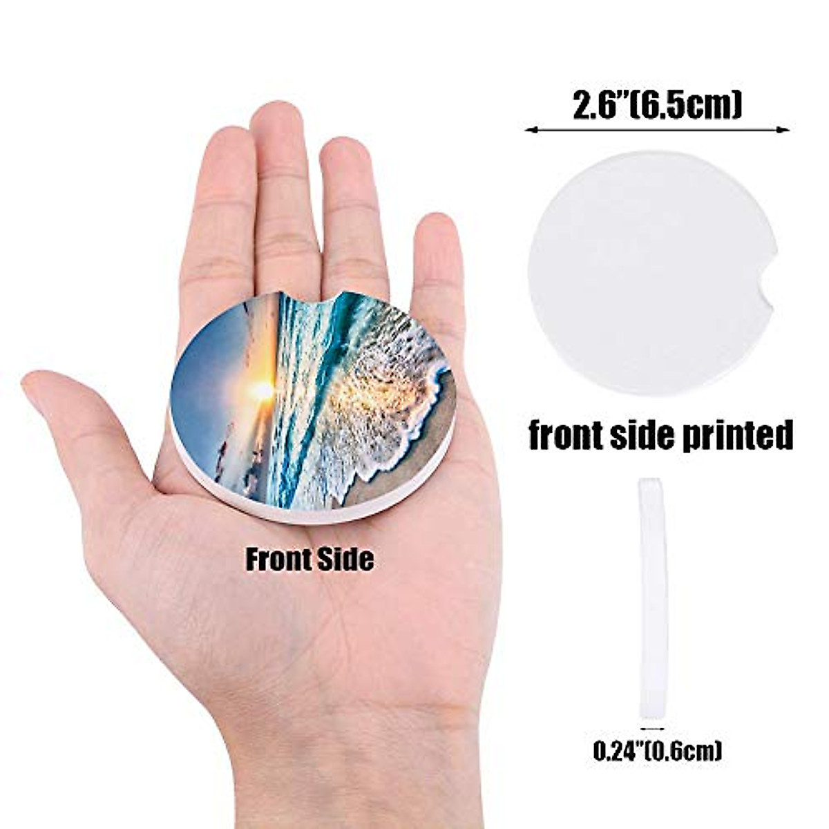 Small Car Coasters for Cup Holders 2.65" Absorbent 2 Pack Car Coaster Ceramic Stone for Drinks Absorb Water Drops Ocean Theme Sand Beach Wave Sea Water Pattern