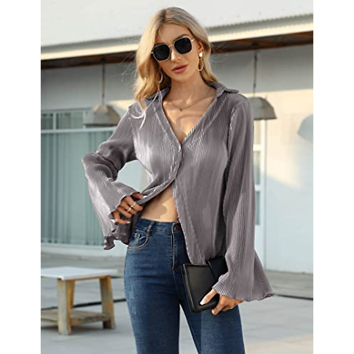 KOJOOIN Women Y2k Tops Deep V Neck Button Down Flare Long Sleeve Crop Tops Plain Casual Shirts Grey Purple