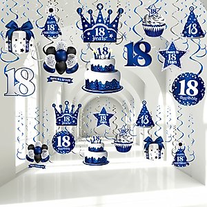 30 Pieces Happy 18th Birthday Party Hanging Swirls Decorations, Navy Blue Silver Black 18th Birthday Foil Swirls Ceiling Decor for Boy Men Cheers to 18 Years Birthday Anniversary Decorations Supplies