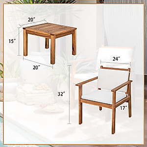 Devoko Patio Set 3 Piece Acacia Wood Outdoor Furniture Conversation Seat with Table & Cushions Porch Chairs for Balcony, Deck, Backyard, Beige