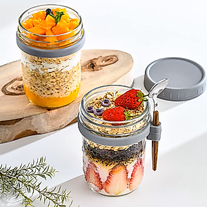 JIIKOOAI 4 Pack Overnight Oats Containers with Lid and Spoon, 16 oz Glass Overnight Oats Jars, Fruit Container, Salad Cup, Yogurt Cup for Milk Cereals Fruit Cereals