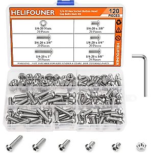 HELIFOUNER 120 Pieces 5 Sizes 304 Stainless Steel 1/4-20 x 3/8" 1/2" 5/8" 3/4" 1" UNC Thread Hex Button Head Cap Bolts Kit