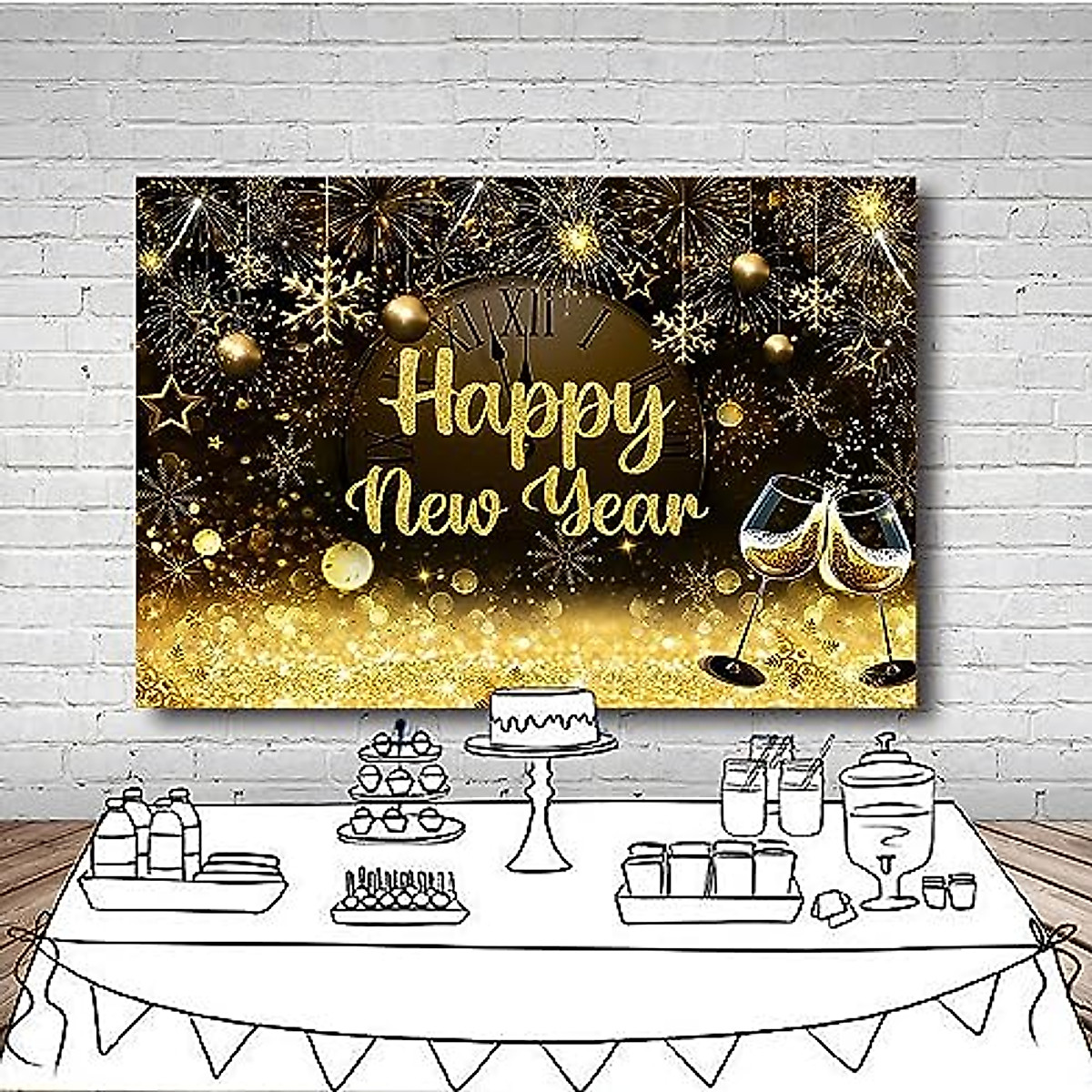 Mehofond 7x5ft Happy New Year Black and Gold Backdrop Countdown 2024 New Year Eve Snowflake Gold Gliter Background Champagne Party Banner Decoration Supplies Photo Booth Props
