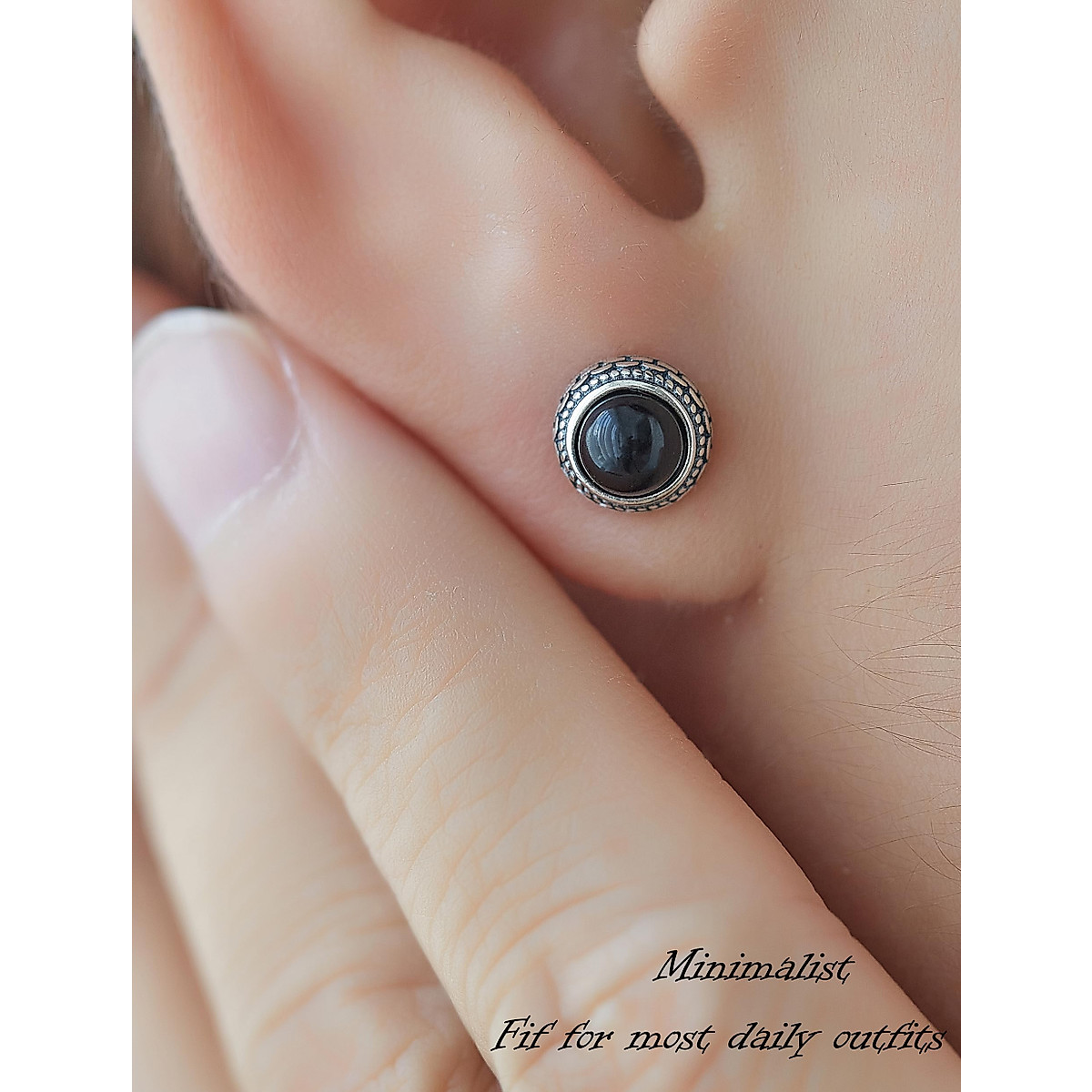 Small Genuine Black Onyx 925 Sterling Silver Hypoallergenic Stud Earrings Jewelry for Women Trendy Western Antiqued Sterling Silver Handmade Birthstone Earring Jewelry Best Gift for Women Her keenove