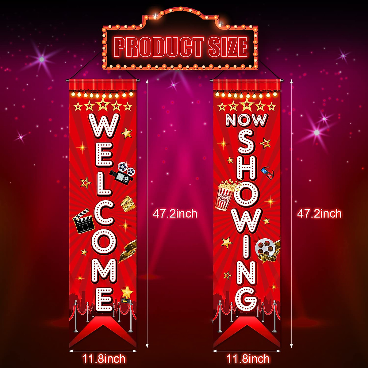 Movie Night Porch Sign Banner Movie Theme Party Decorations Movie Theater Welcome Now Showing Lights Camera Action Hanging Porch Sign for Home Film Backdrop Party Supplies (Classic Style, 2 Pieces)