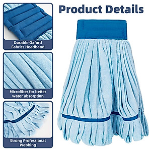 DRKLEAN 2 Pack Large Microfiber Tube Mop Heads,Heavy Duty Industrial Wet Mop Head Refill,Highly Absorbent,Commercial Mop Head Replacement,Wet Mop Heads Replacement (Blue, 2)