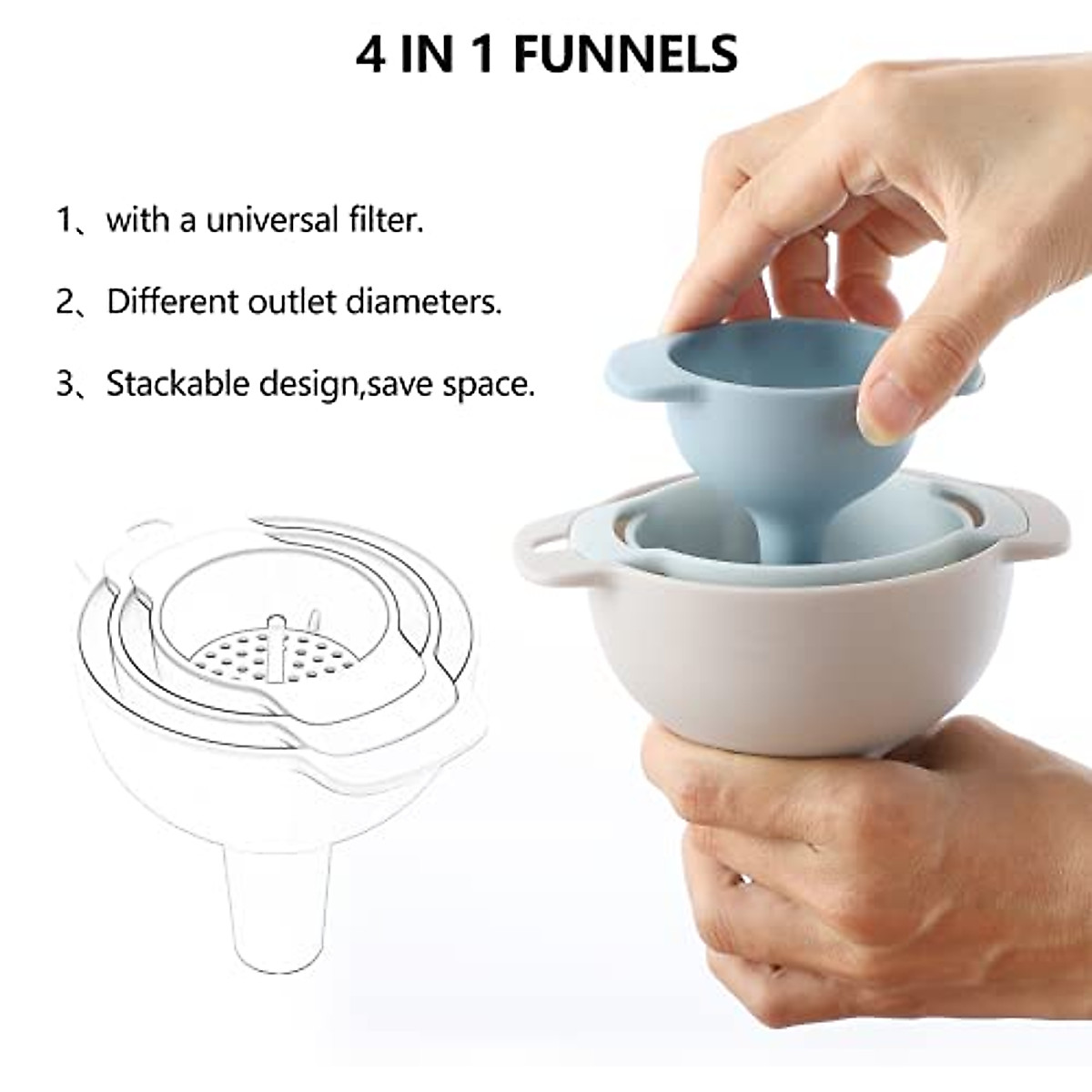 NileHome Funnels for Kitchen Use Removable Kitchen Funnels Set of 3 Food Grade PP Plastic Funnels Wide Mouth Oil Funnels with Strainer Filter for Filling Bottles, Liquid, Powder, Solid Particles