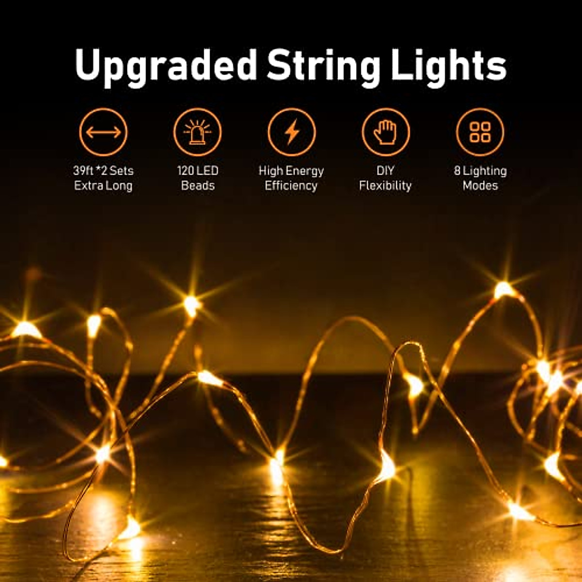 AZNOSUN Outdoor Solar String Lights, 2 Pack 120 led 39 feet Solar Fairy Lights LED Waterproof 8 Patterns Home Decoration Garden Trees Christmas Garden Terrace Party Lights