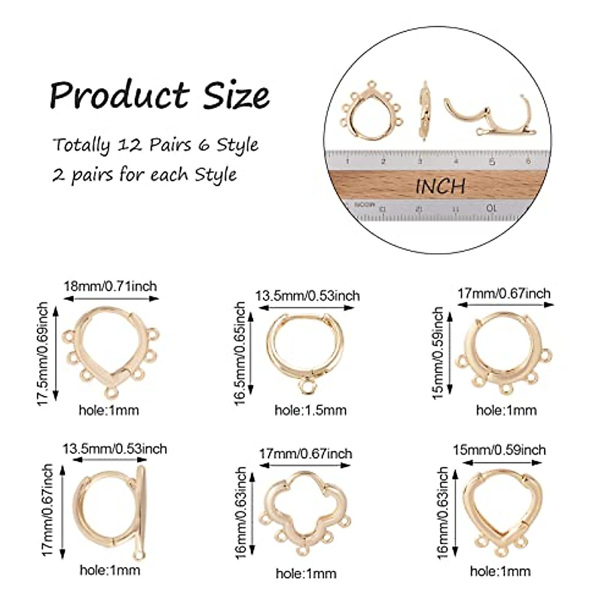 Craftdady 12 Pairs Huggie Hoop Earring Findings 14K Gold Plated Brass Hoop Earrings with Multi Loops Circle Teardrop Flower Leverback Ear Wires Components for DIY Earrings