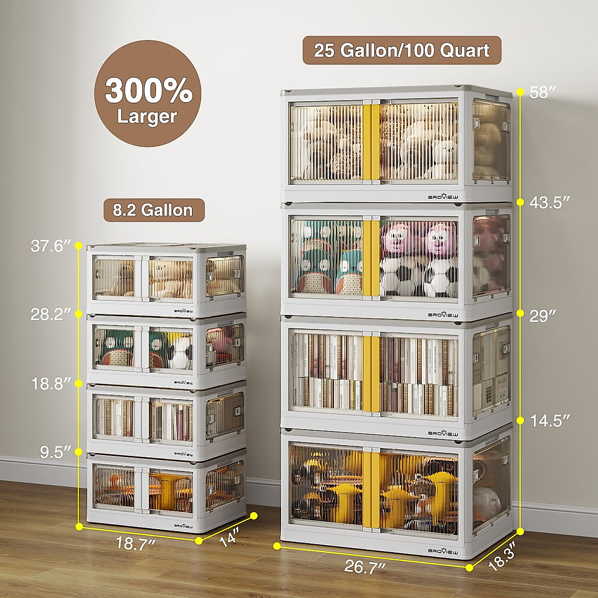 BROVIEW V5 75Gal Plastic Storage Bins with Lids, 3Pack Stackable Collapsible Storage Bins for Closet Organizers and Storage, Folding Storage Container Open Front Cabinets with Doors and Wheels, White