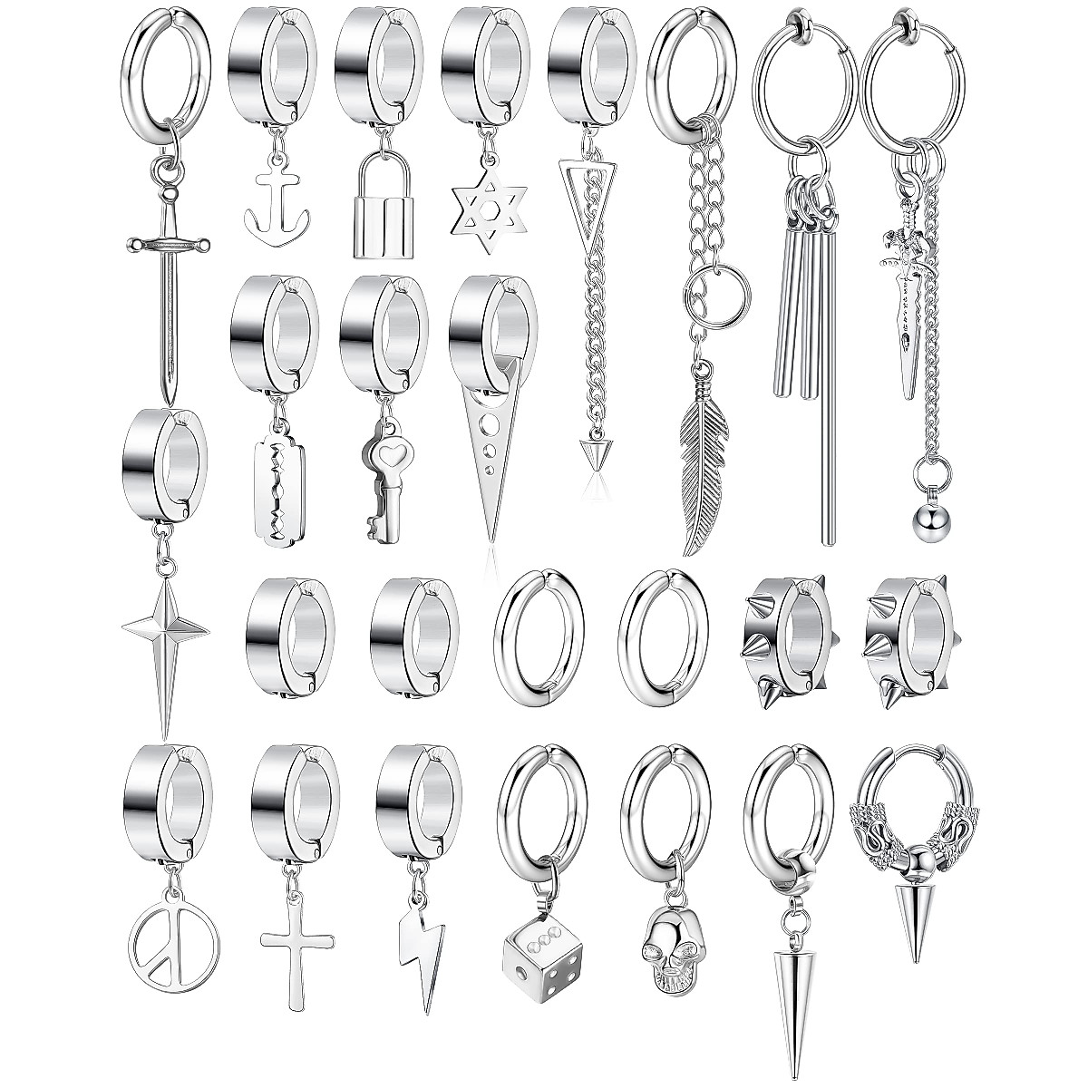 Thunaraz 25 Pcs Clip on Earrings for Men Stainless Steel Cross Chain Dangle Earrings Black Fake Earrings for Men Women Non Pierced Huggie Hoop Earrings Set
