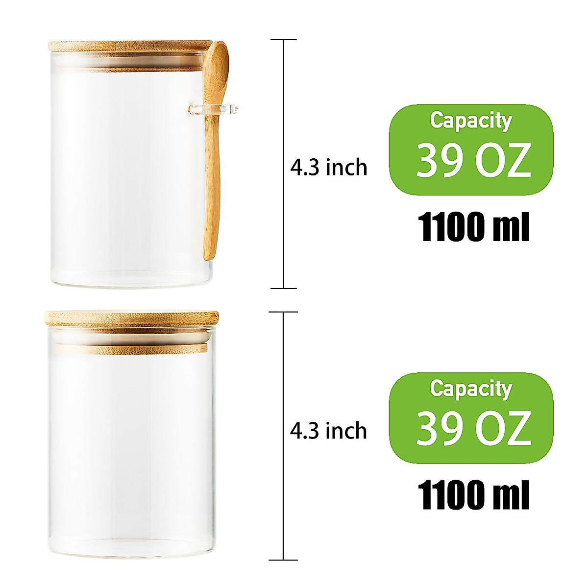 ERISED 6Pack-39Oz,Glass Jars Containers with Bamboo Airtight Lid & Spoon, Food Storage Canister, Clear Glass Canisters for Cookie, Candy, Coffee, Sugar, Matcha Tea, Flour, Nuts & More