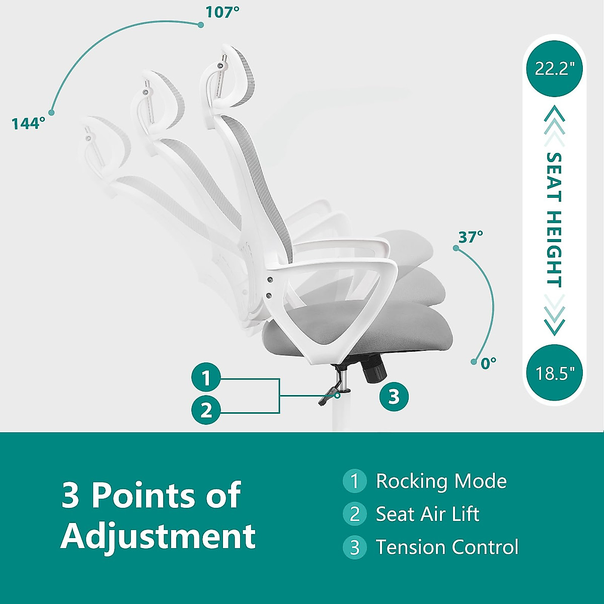 SMUG Home Office Desk Chair, Ergonomic Computer High-Back Mesh Rolling Work Task Chairs with Wheels and Adjustable Headrests, Comfy Lumbar Support, Armrest for Bedroom, Gaming, Grey