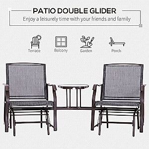 Outsunny Outdoor Glider Chairs with Coffee Table, Patio 2-Seat Rocking Chair Swing Loveseat with Breathable Sling for Backyard, Garden and Porch, Grey