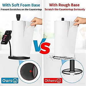 Multi-Function Black Paper Towel Holder Countertop with Phone Holder, Easy One Hand Tear Paper Towel Holder Stand with Weighted Base Spring Arm for Most Sizes Paper Roll for Kitchen Paper Towel Rack