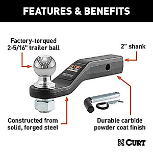 CURT 45331 Trailer Hitch Mount with 2-5/16-Inch Ball & Pin, Fits 2-Inch Receiver, 15,000 lbs, 2-In Drop