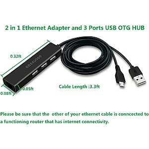 4 in 1 Ethernet Adapter and 3 Ports USB OTG Hub for Fire TV Stick 4K/Chromecast/Google Home Mini/Raspberry Pi Zero and Other Streaming TV Sticks,Micro USB OTG Cable HUB with Powered Network Adapter