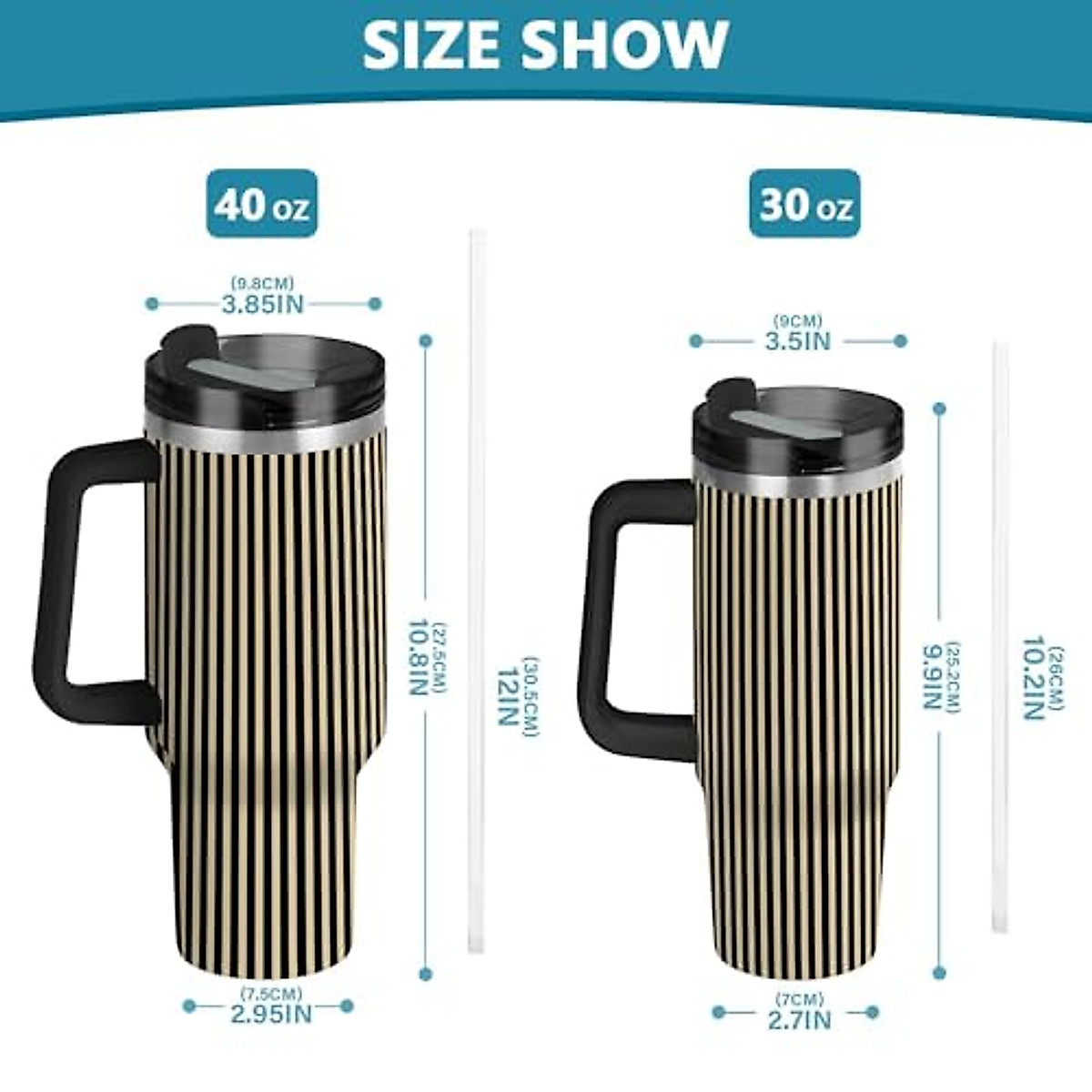 Flradish 40oz Tumbler with Handle, Stripes Khaki Black Stainless Steel Tumbler with Lid and Straws Double Wall Vacuum Insulated Leakproof Coffee Travel Mug