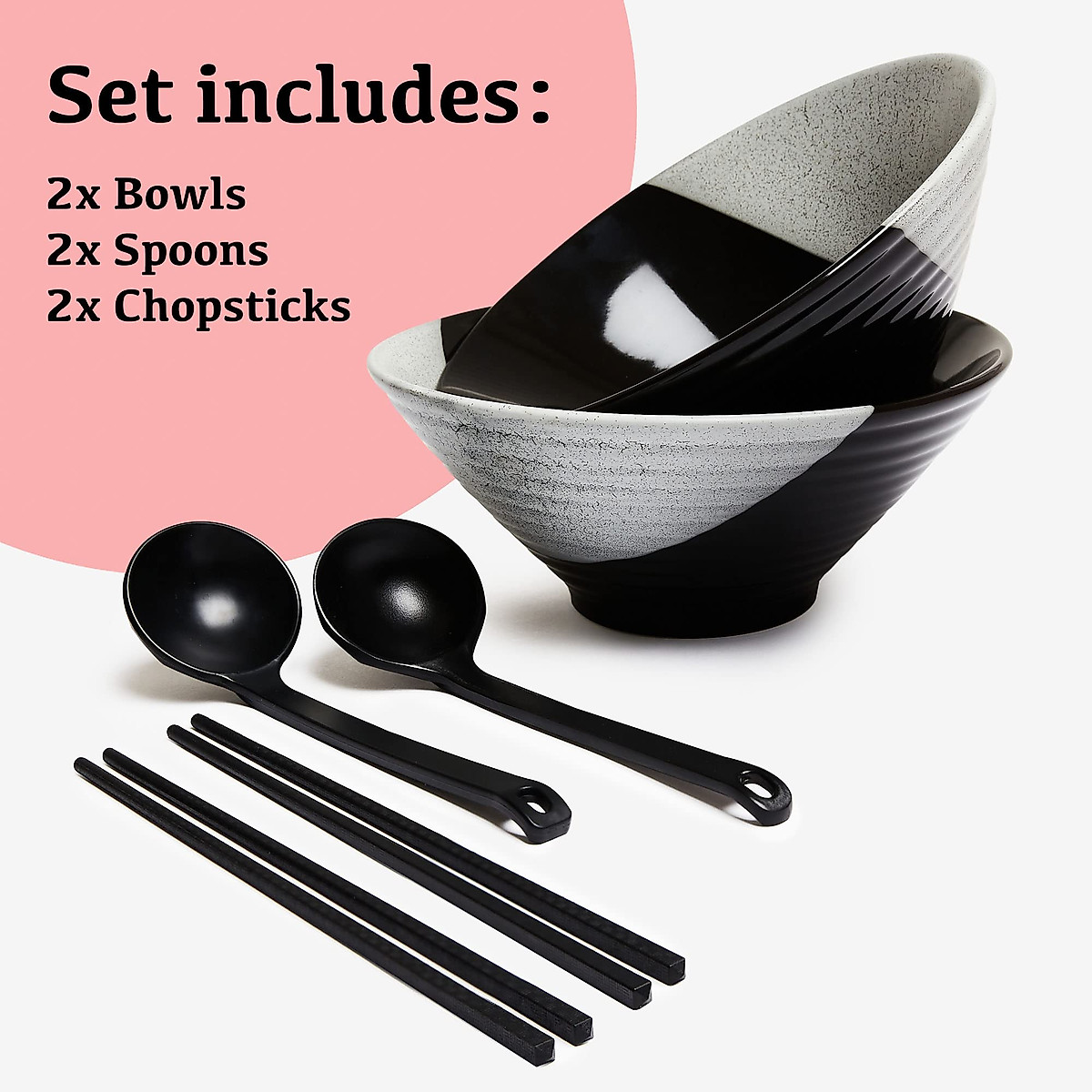 Superly Ceramic Ramen Bowl Set - Japanese Noodle Bowl with Chopsticks and Spoon - Large 60 Oz Bowls - Cute Asian Bowls for Udon, Vietnamese Pho - Soup Bowl with Unglazed Bottom and Screw Thread Design