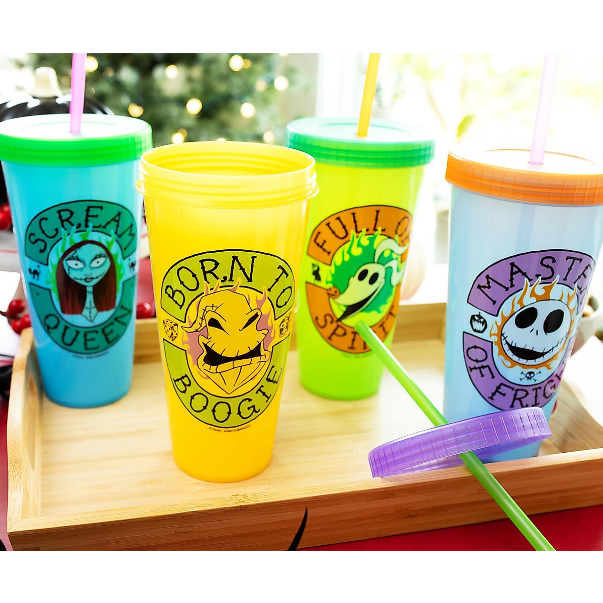 Disney The Nightmare Before Christmas Townsfolk Color-Changing Plastic Tumbler Cups, Set of 4 | Include Reusable Straw and Leak-Resistant Lid
