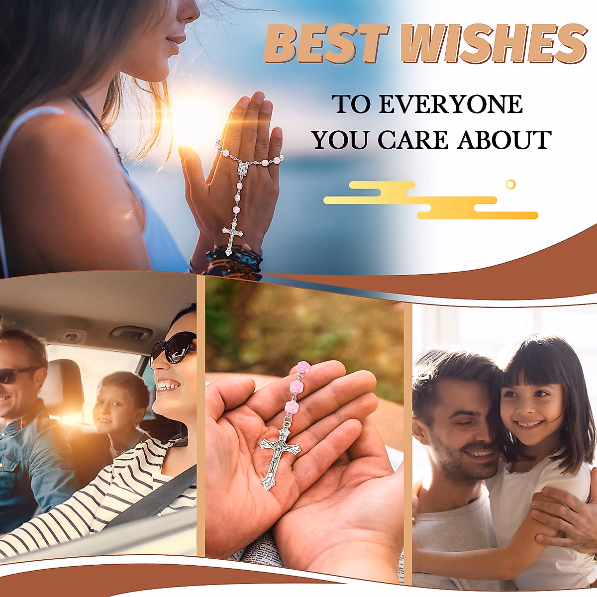 Konohan 2 Pieces Car Rosary Rearview Mirror Auto Rosary Religious Car Mirror Hanging Accessories for Automotive Personalized Protection Charm for Auto Decors(Rose,Pink)