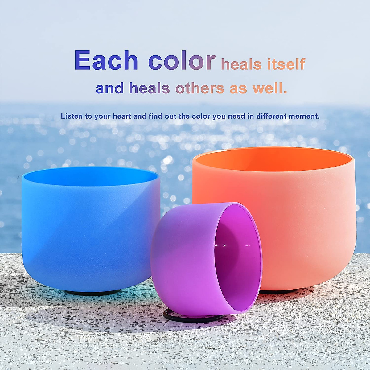 CVNC Set of 3 PCS Colored 6" B Note 8" G Note 10" D Note Frosted Quartz Crystal singing bowl For Sound Healing Meditation