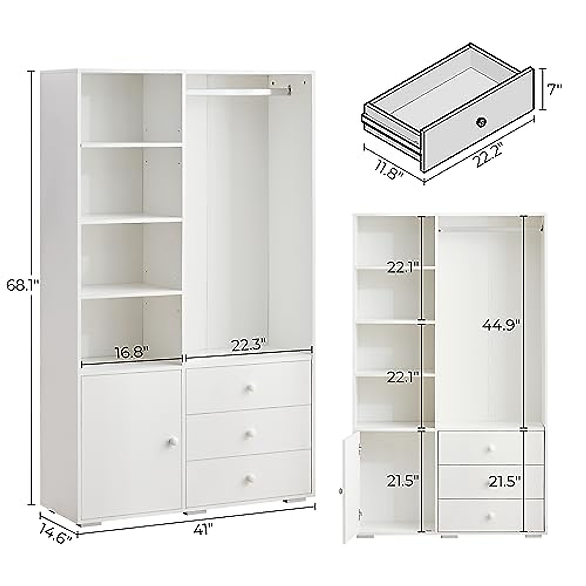 UDeuxff Bedroom Armoire，Wardrobe Armoire Closet, Drawers and Shelves, Handles, Hanging Rod, for Bedroom ，White (A)