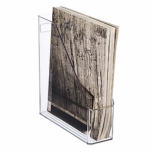 mDesign Plastic Slim Vertical File Folder Bin Storage Organizer with Handle - Hold Notebooks, Binders, Envelopes, Magazines for Home Office, Work Desktops, Ligne Collection, Clear