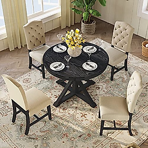 Dinehome 5-Piece Retro Style Wooden Extendable Round Dining Table Set with 4 Upholstered Chairs, Espresso