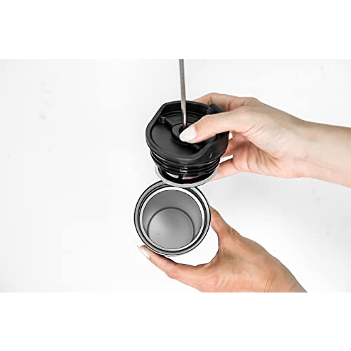 French Press Mug for Travel, Stainless Steel Travel Coffee and Tea Press, Hot or Cold Brew, Ideal Personal Mug for Travel, Car, Office, Camping, 15oz (Metallic Gray)