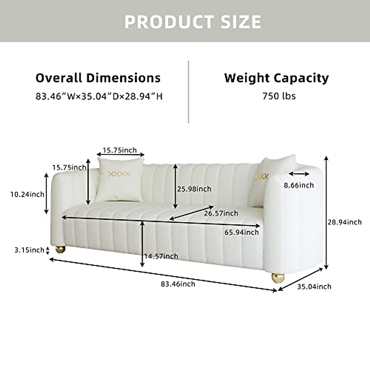 Lkvkvri 83 inch White Velvet Couch Wide Modern Loveseat Chesterfield 3-Seat Couch Sofa 750 lbs Weight Capacity with 2 Throw Pillows for Living Room