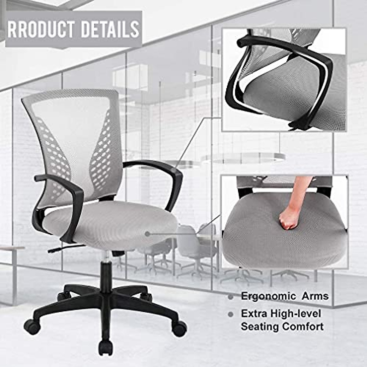 Ergonomic Adjustable Office Chair Desk Chair Mesh Computer Chair Swivel Mesh Chair Mid Back with Lumbar Support&Armrests,Executive Task Chair Rolling Swivel Chair for Work Gaming Home(Grey)