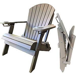 DuraWeather Poly Folding Adirondack - Unwind Edition Featuring Built-in Cup Holders (Weatherwood)