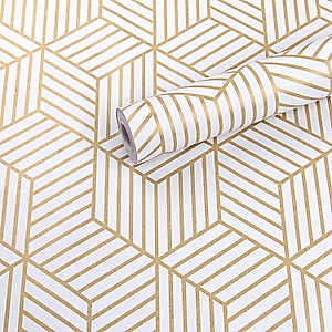 White and Gold Geometry Stripped Hexagon Peel and Stick Contact Paper self Adhesive Wallpaper Removable Vinyl Film Decorative Shelf Drawer Liner Sticker 118 inch x17.7 inch