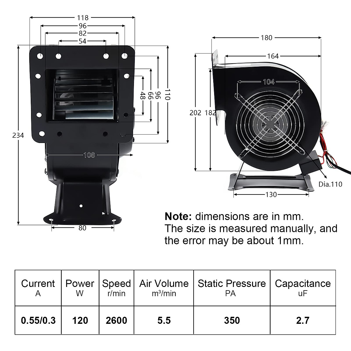 Centrifugal Blower Fan Round Outdoor Wood Furnace Boiler Blower 120W 2600r/min Ventilation Fan