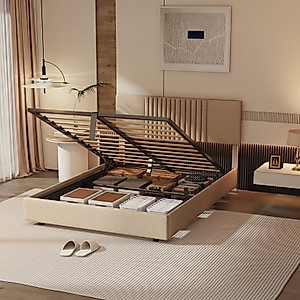 Queen Bed Frame, Lift Up Storage Bed Frame with Upholstered Headboard, Hydraulic Storage Double Bed, Wood Slats Support and Under Bed Storage, No Box Spring Needed Low Bed Frame (Queen, Beige)