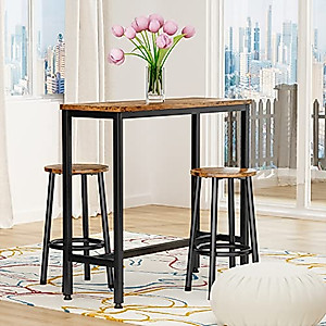Hooseng Bar Table Set, 3 Piece Dining Table Set, Breakfast Bar Table for 2, Rectangle Kitchen Table Set with Steel Frame Pub Table for Small Space, Farmhouse, Cafe, Kitchen, Dining, Rustic Brown