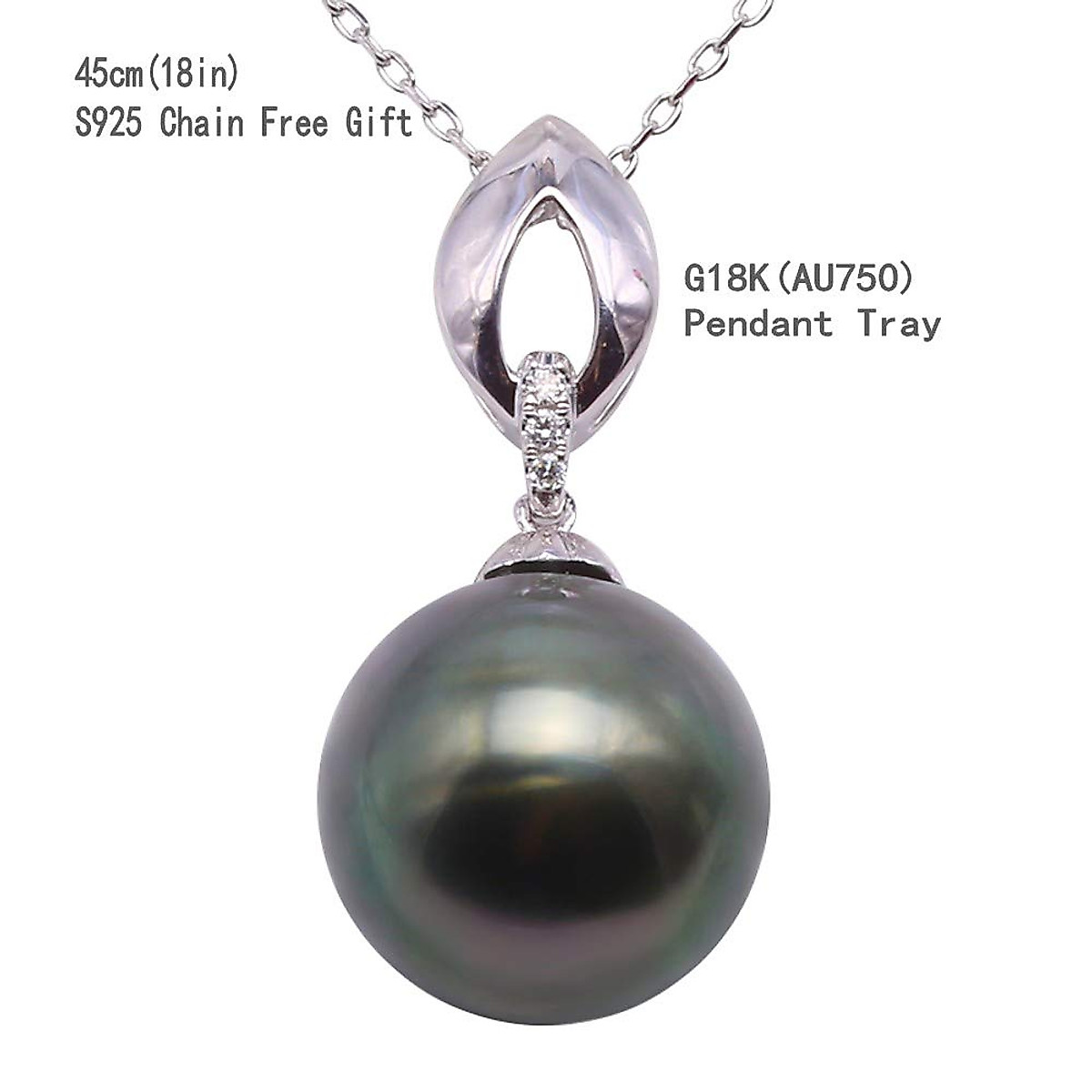 JYX Pearl 18K Gold Tahitian Pendant AAA 12mm Round Peacock Green Tahitian Cultured Pearl Pendant Necklace for Womens