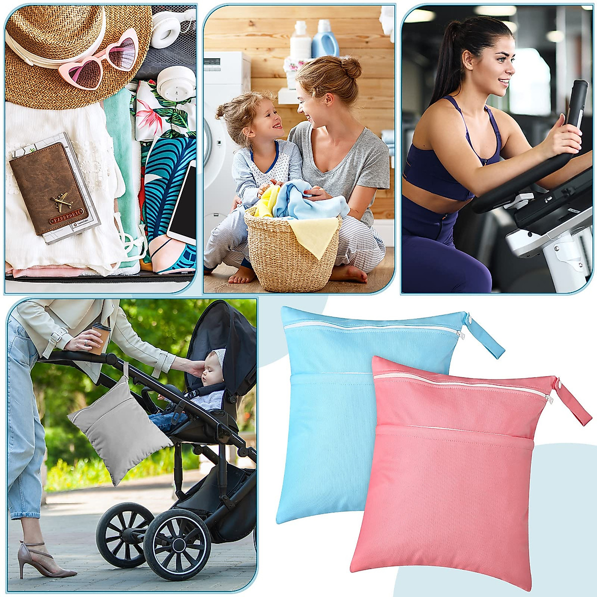 Woanger 10 Pcs Wet Dry Bags for Baby Cloth Diapers Waterproof Reusable Wet Bags with Two Zippered Pockets Travel Laundry Bag for Swimsuit Beach Pool Daycare Yoga Gym Dirty Wet Clothes, 10 Colors