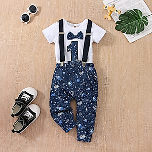 vivifayee Baby Boy One 1st Birthday Outfits Space First Birthday Boy Clothes Set Short Sleeve Bow Tie Romper Long Pants Set Suspenders