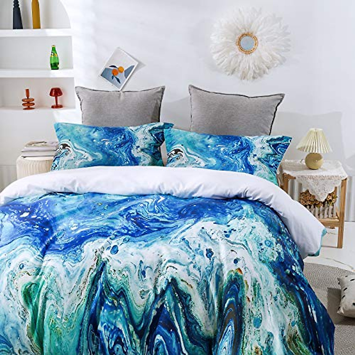 HYPREST Aqua Blue Duvet Cover Set Queen Size,3 Pcs Soft Cooling Aesthetic Duvet Cover with Ties and Zipper,Ocean Beach Themed Bedding Duvet Covers Queen,Oeko-TEX Certificated