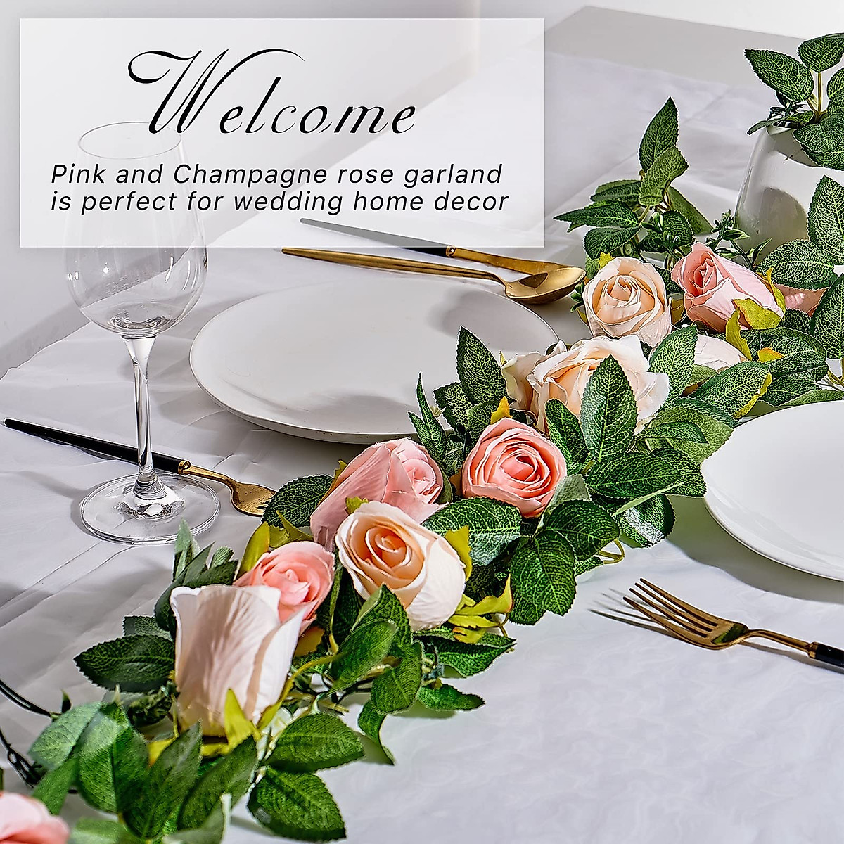 MYT Artificial Fake Rose Flowers Garland Hanging Flowers Vine 2 Pcs for Wedding Arch Flowers、Home Party、 Garden Craft Art Decor(Pink and Champagne)