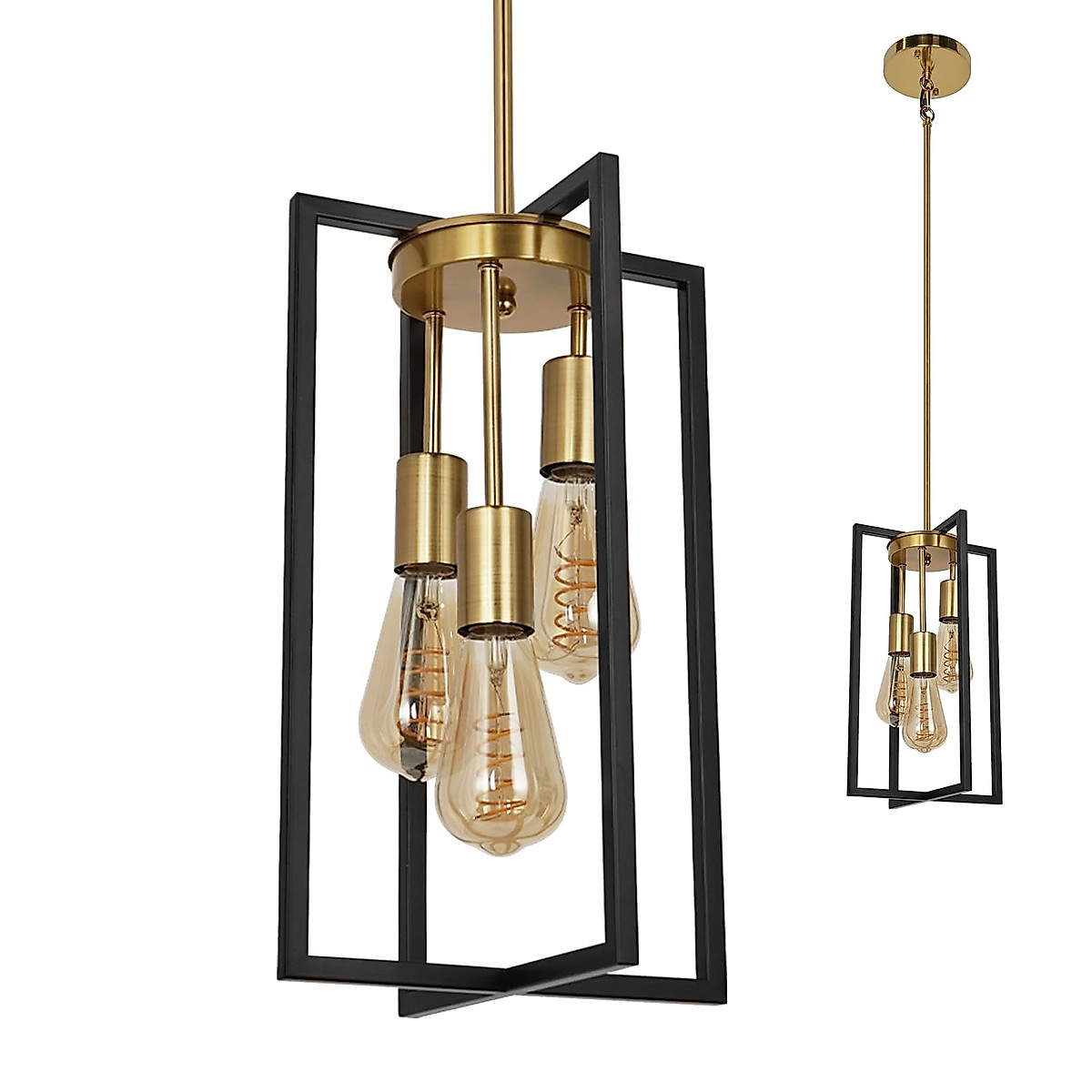 Modern Industrial Farmhouse Pendant Lighting, Rectangle Black & Brass Chandelier, Hanging Light for Kitchen Island, Dining Room, Entryway, Hallway (3-Light)